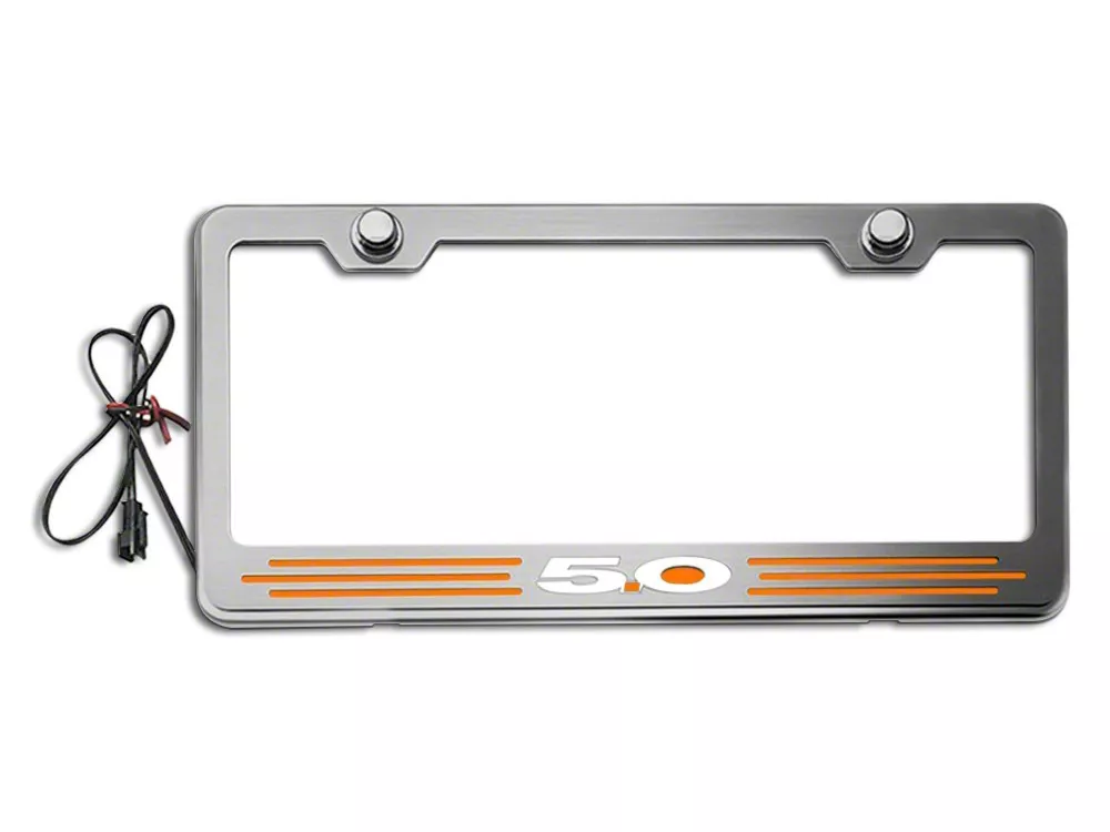Mustang Illuminated License Plate Frame with 5.0 Logo; Orange Inlay ...