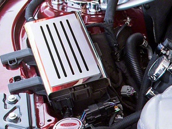 Mustang Polished/Brushed Fuse Box Cover; Black Carbon Fiber Inlay (15 ...