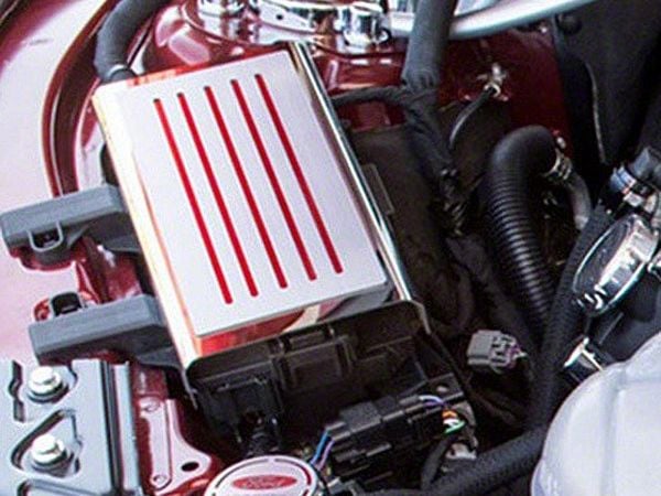 Mustang Polished/Brushed Fuse Box Cover; Red Carbon Fiber Inlay (15-23 ...