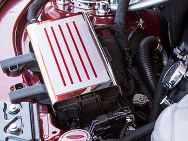 Mustang Polished/Brushed Fuse Box Cover; Solid Bright Red Inlay (15-17 ...