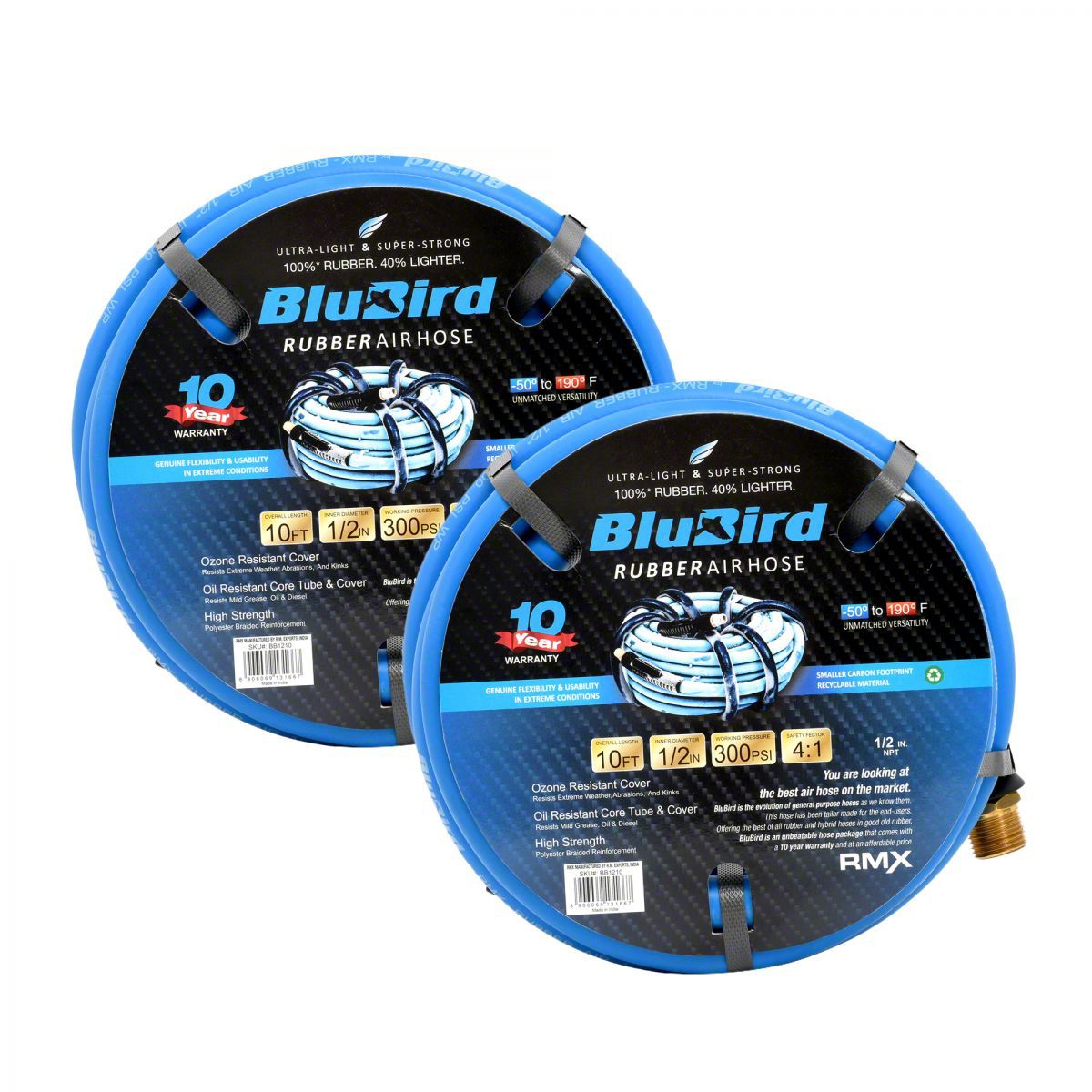 BluBird Universal AM 1/2-Inch Male-NPT Rubber Air Hose; 1/2-Inch x 10 ...