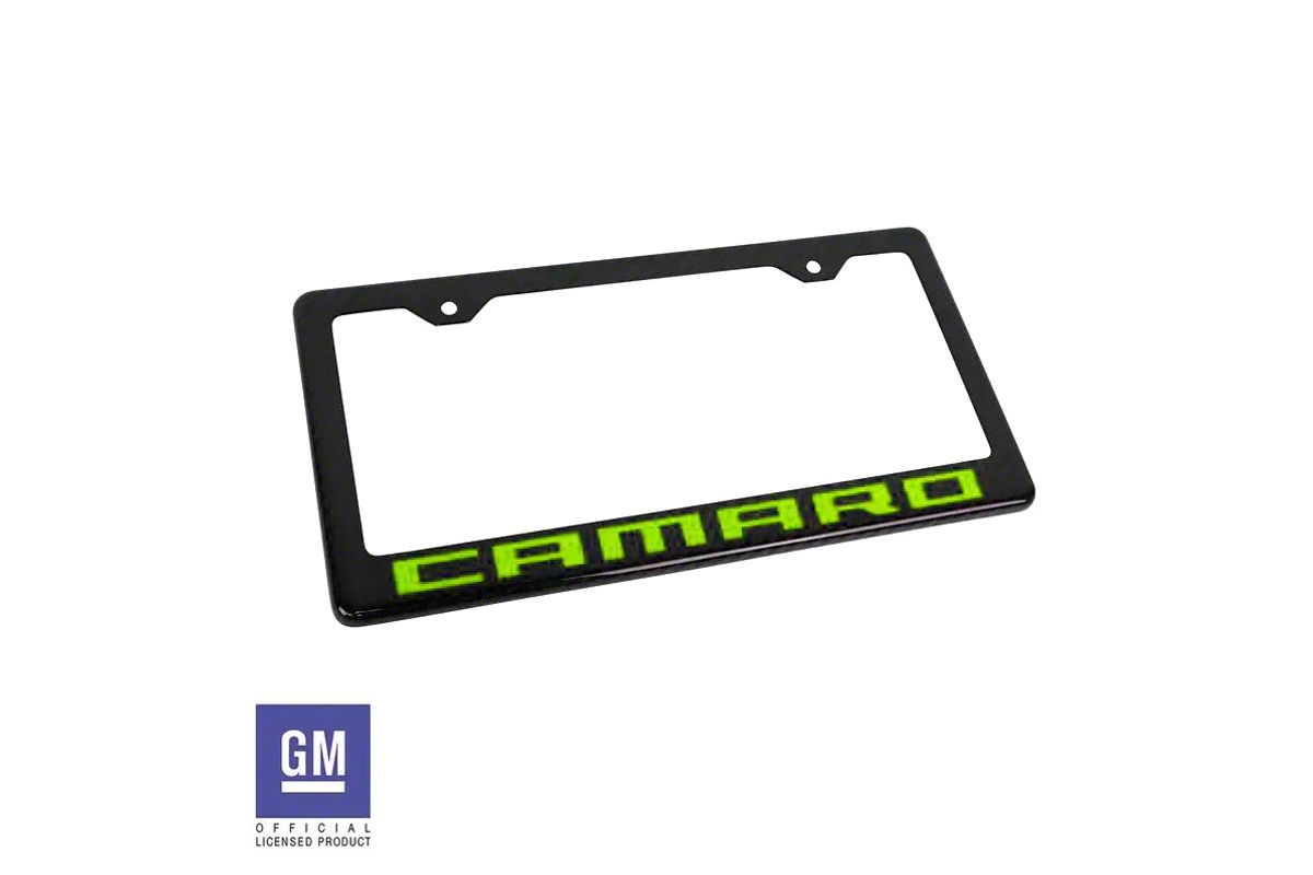 Universal AM License Plate Frame with Lime Green Camaro Script; Carbon ...