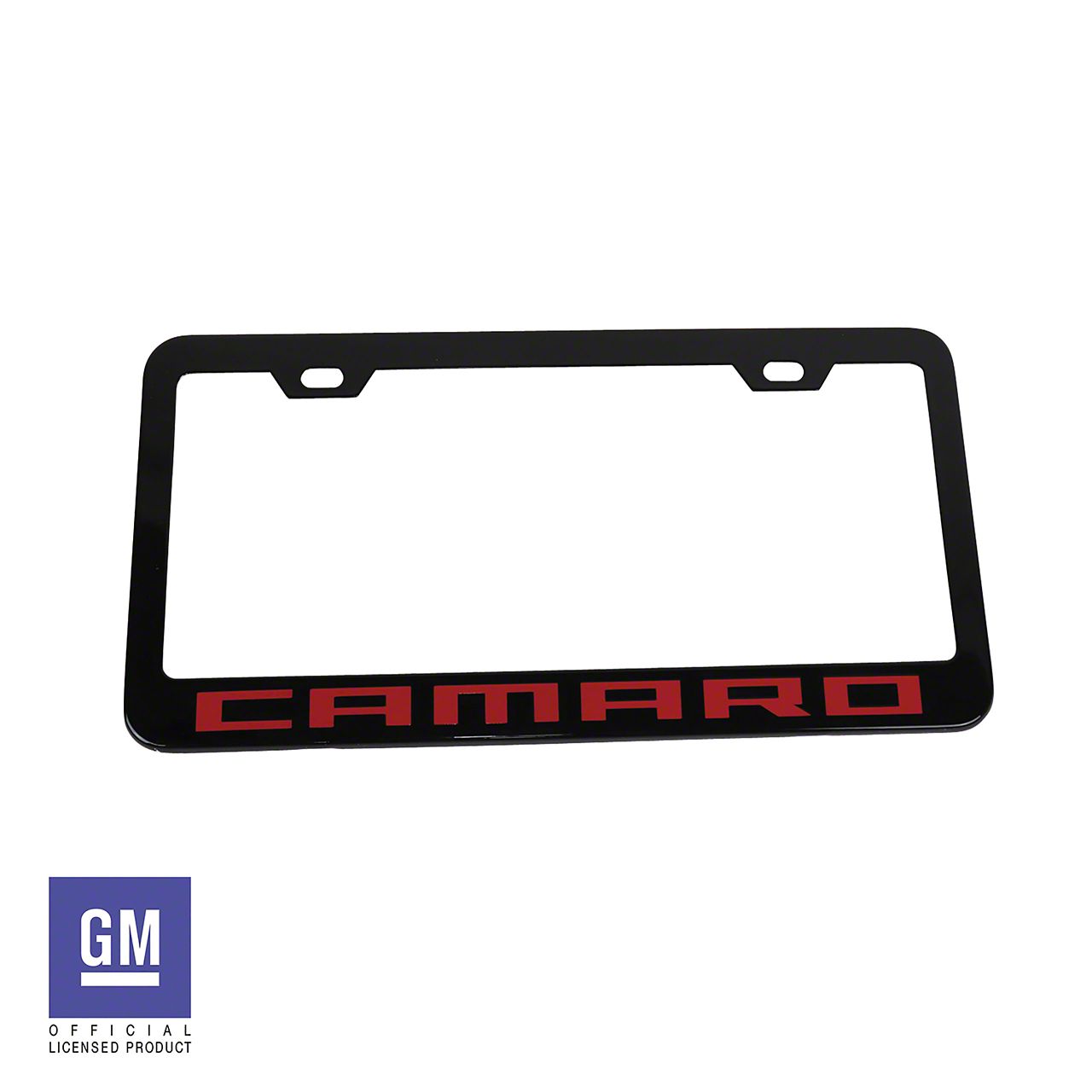 Universal AM License Plate Frame with Red Camaro Script; Matte Black ...