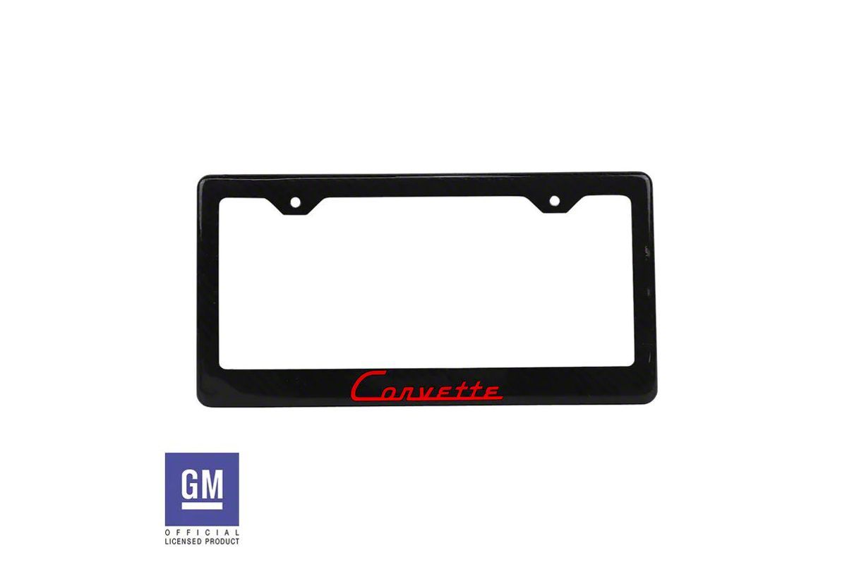 Universal AM License Plate Frame with Red Corvette Script; Carbon Fiber ...