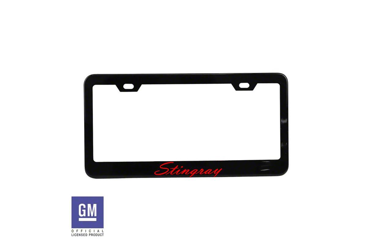 Universal AM License Plate Frame with Red Stingray Script; Matte Black ...