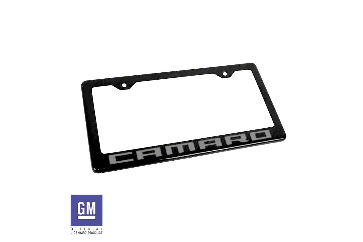 Universal AM License Plate Frame with Silver Camaro Script; Carbon ...