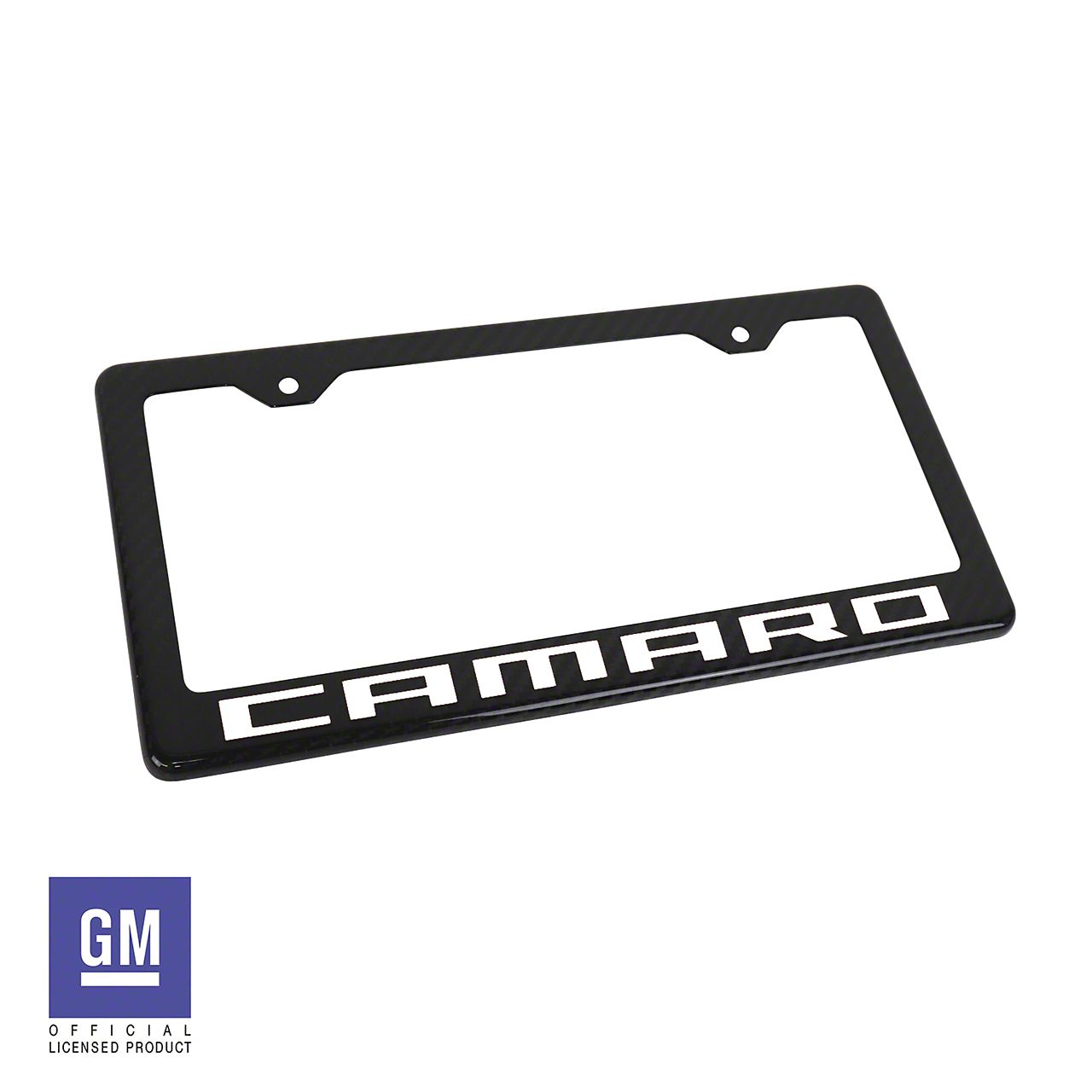 Universal AM License Plate Frame with White Camaro Script; Carbon Fiber ...