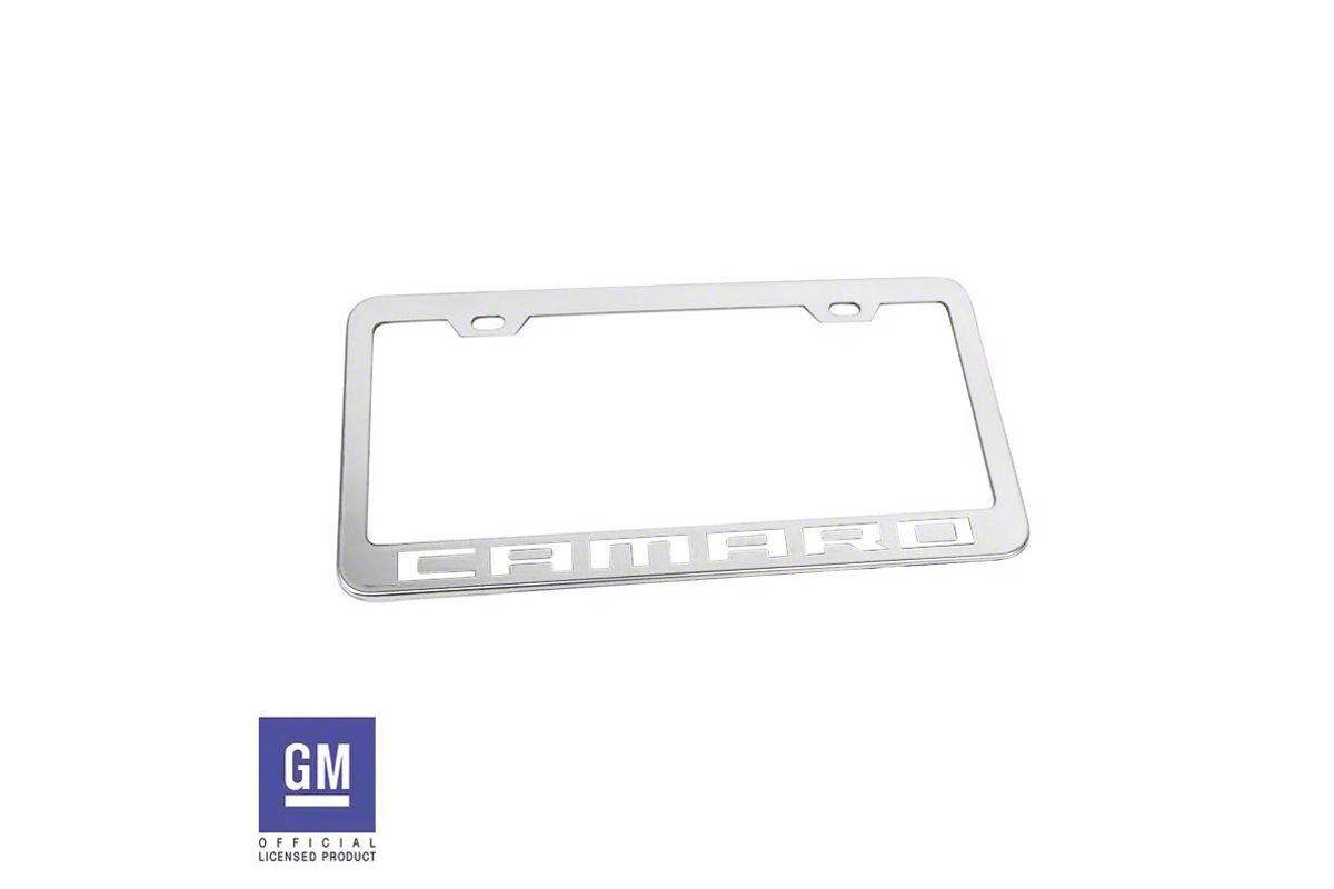 Universal AM License Plate Frame with White Camaro Script; Polished ...