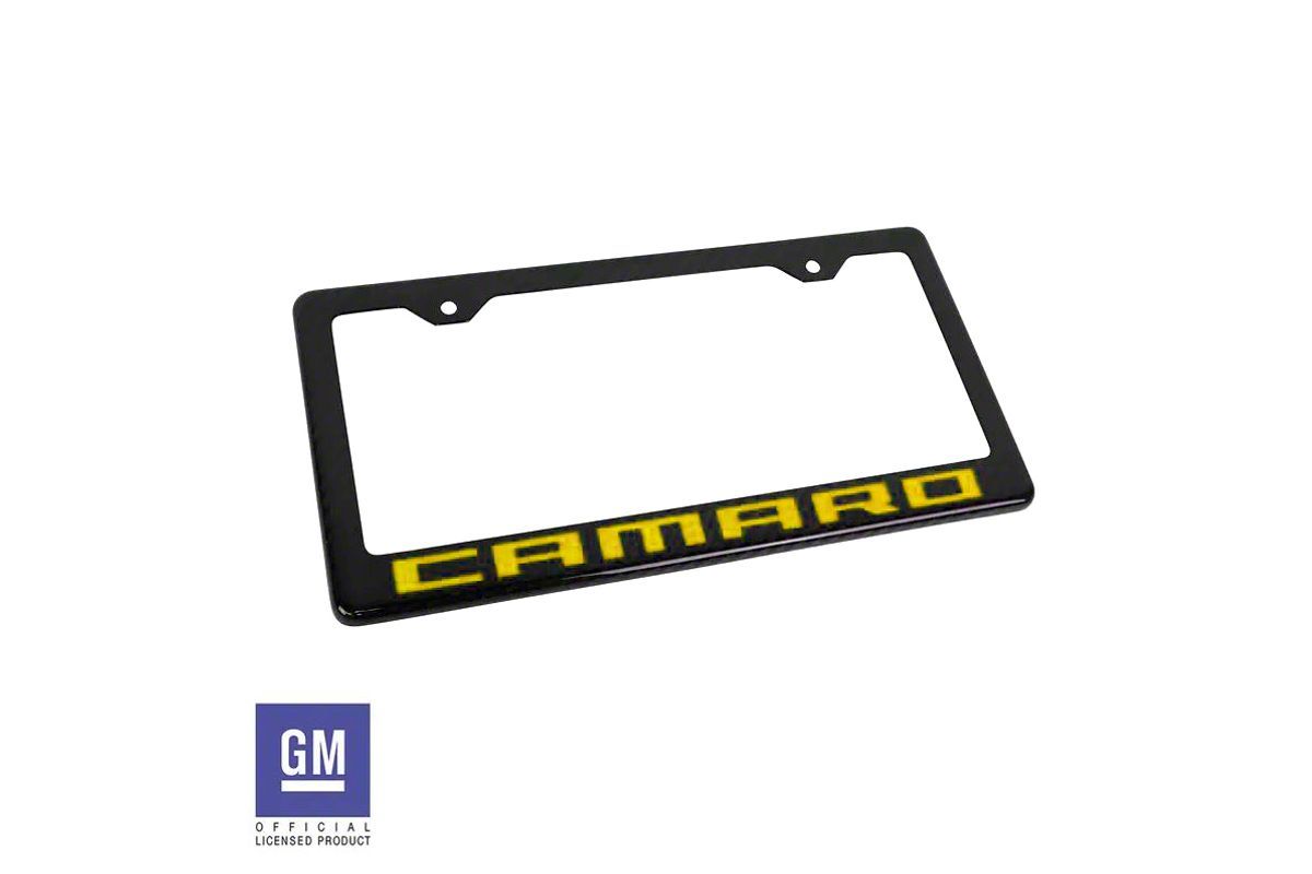 Universal AM License Plate Frame with Yellow Camaro Script; Carbon ...