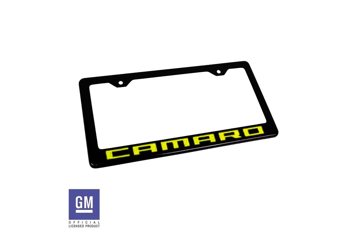 Universal AM License Plate Frame with Yellow Camaro Script; Matte Black ...