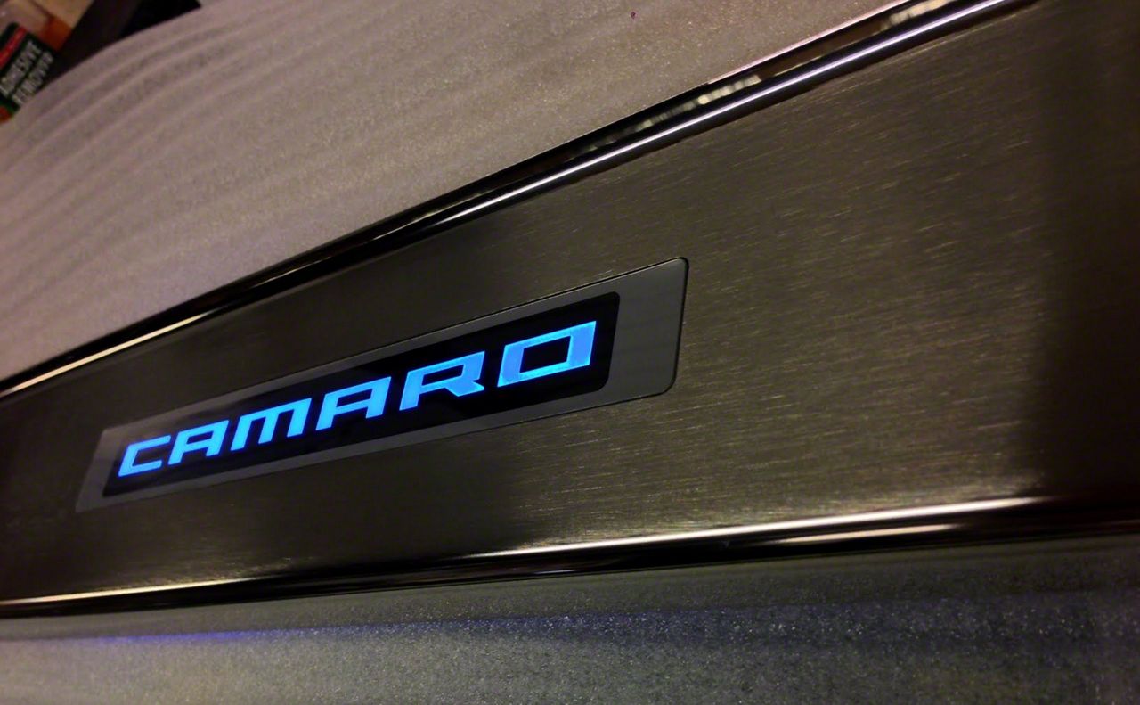 Camaro Door Sill Plates with Blue Camaro Logo; Silver (10-24 Camaro ...