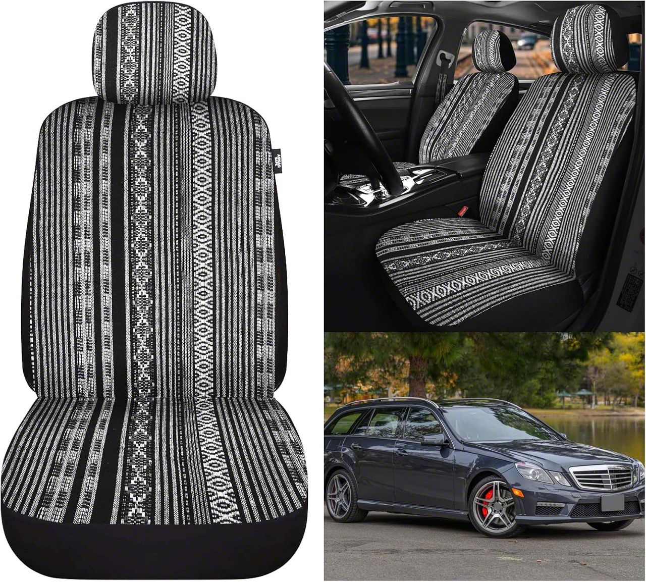 Challenger Baja Saddle Blanket Front Seat Covers; Black Stripes ...