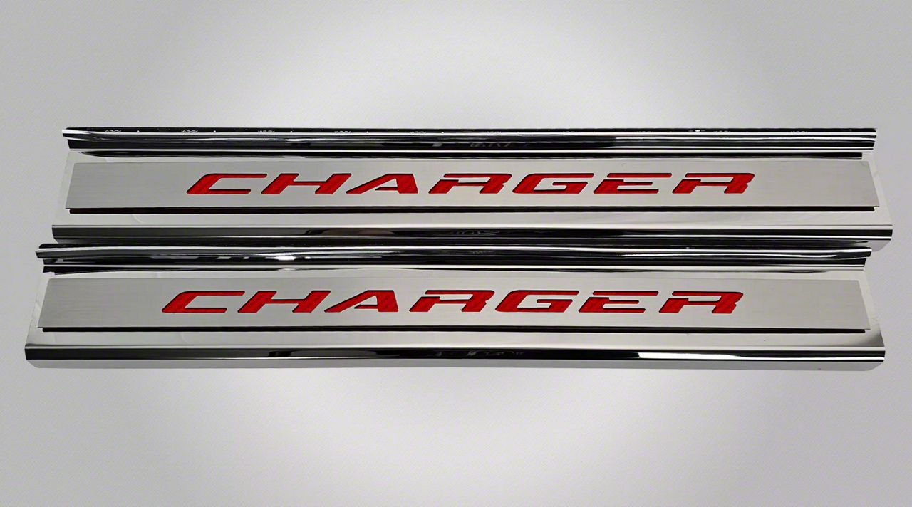 Charger Polished Front Door Sills with Charger Lettering; Red Carbon ...