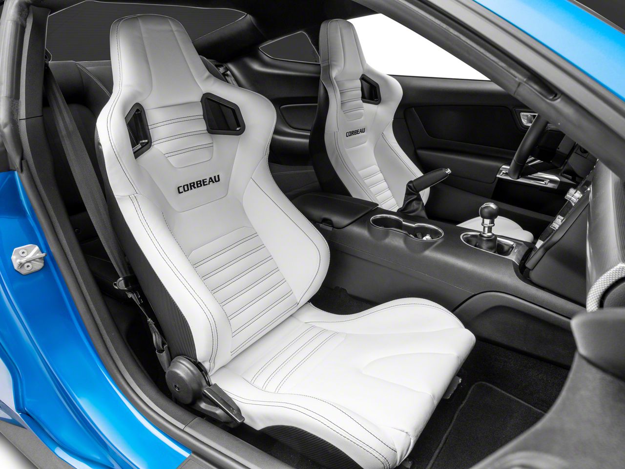 Corbeau Mustang Sportline RRS Reclining Seats; White Vinyl/Black Stitch ...