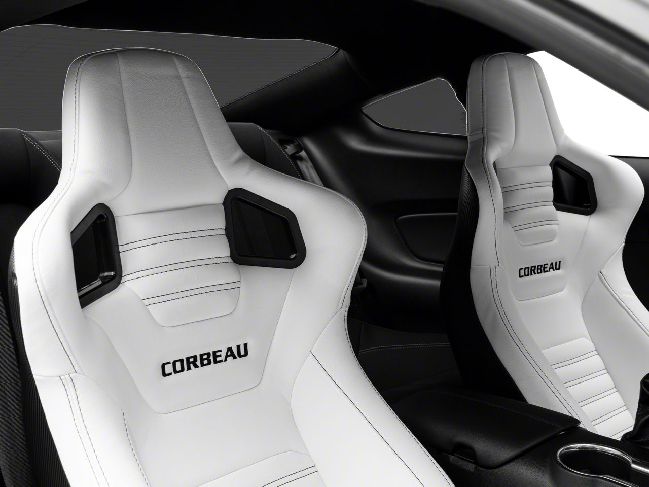 Corbeau Mustang Sportline RRS Reclining Seats; White Vinyl/Black Stitch ...