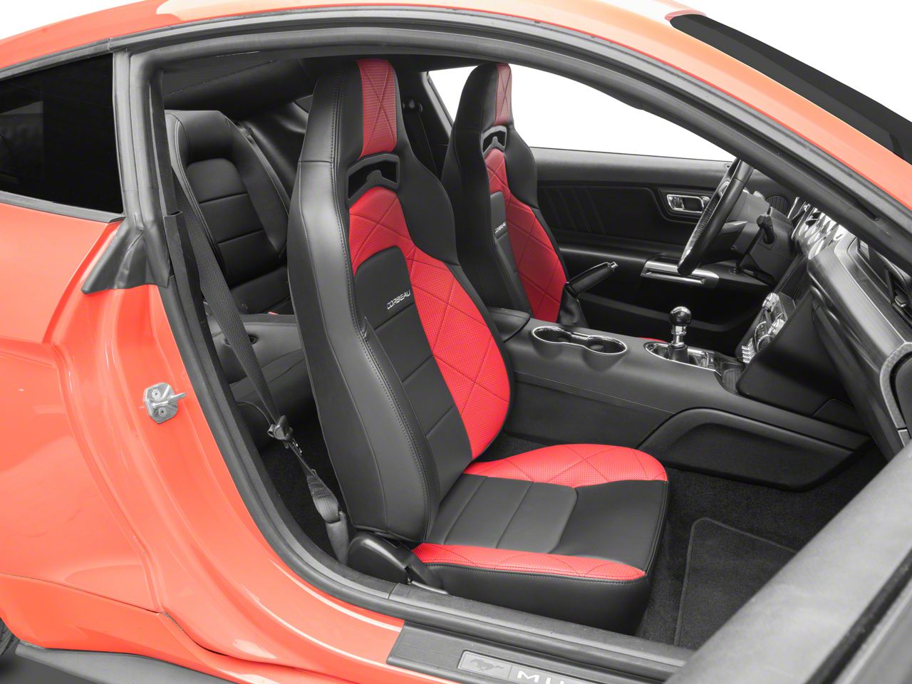 Corbeau Mustang Trailcat Reclining Seats; Black Vinyl/Red HD Vinyl ...