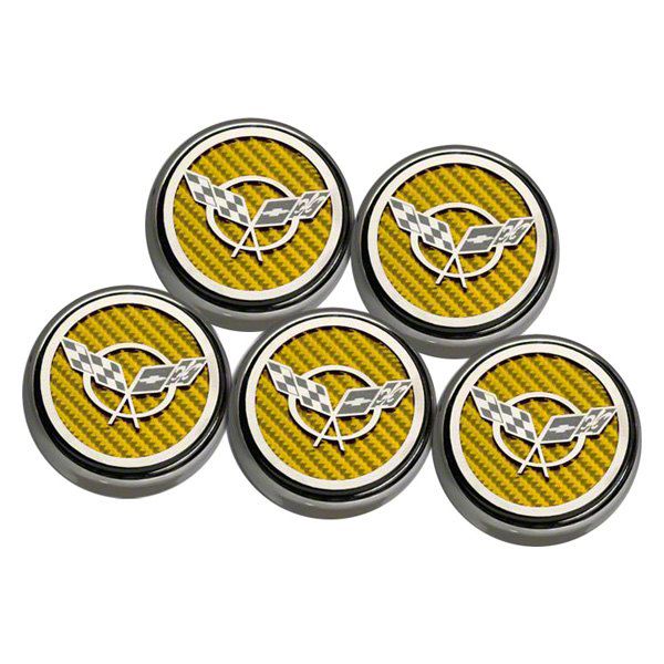 Corvette Cross Flag Series Fluid Cap Covers; Yellow Carbon Fiber (97-04 ...
