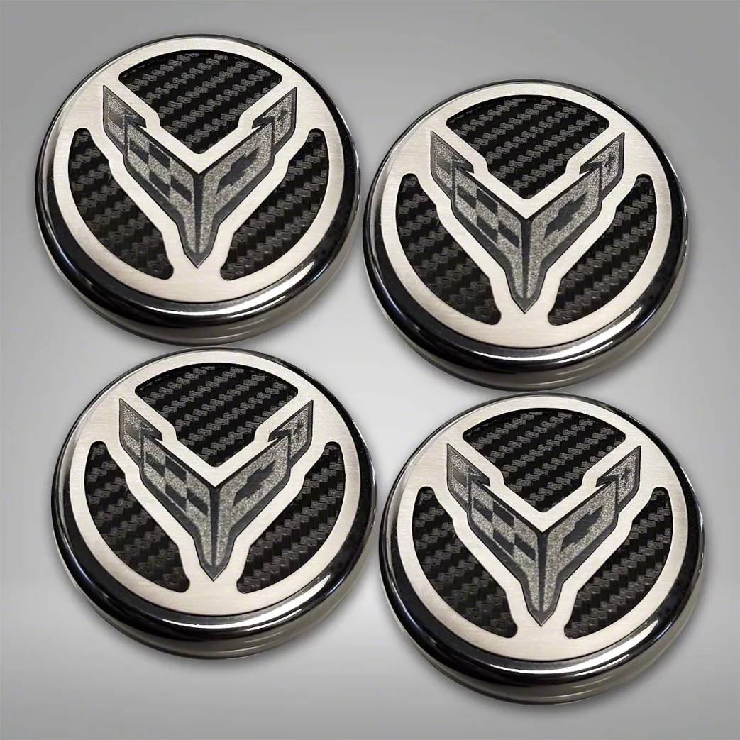 Corvette Engine Caps with Crossed Flags Logo; Black Carbon Fiber (20-26 ...