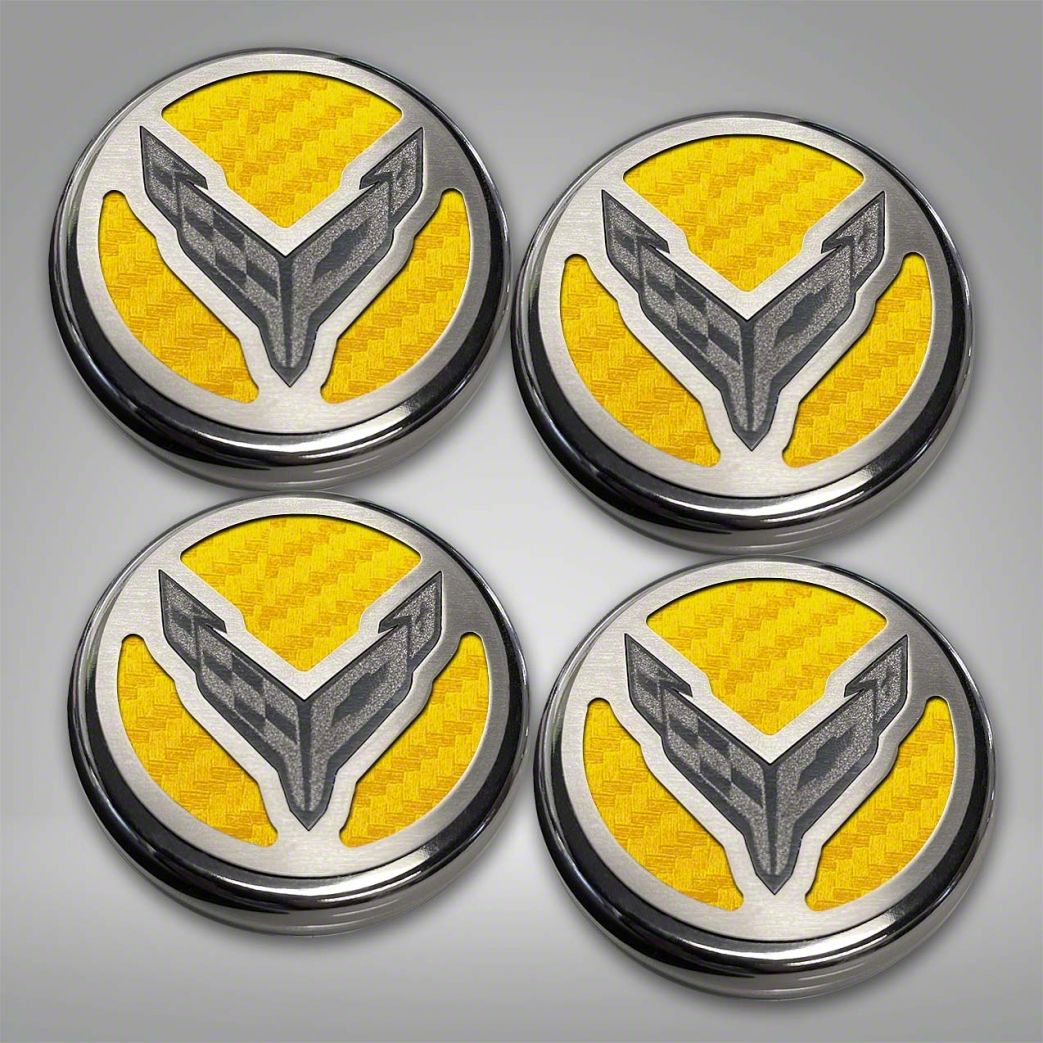 Corvette Engine Caps with Crossed Flags Logo; Yellow Carbon Fiber (20 ...
