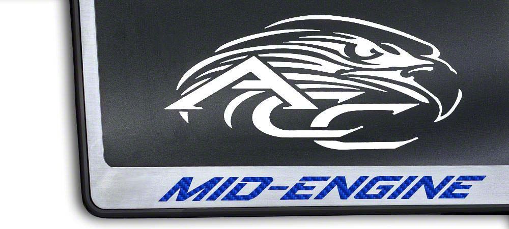 Corvette License Plate Frame with MID-ENGINE Lettering; Blue Carbon Fiber Inlay (20-26 Corvette ...