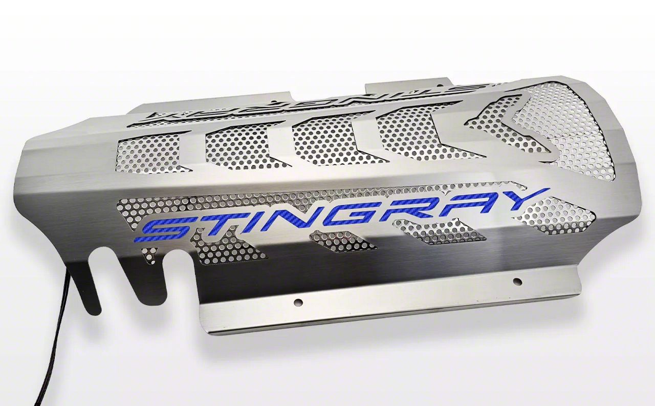 Corvette Perforated Engine Shroud; Brushed with Blue Carbon Fiber ...