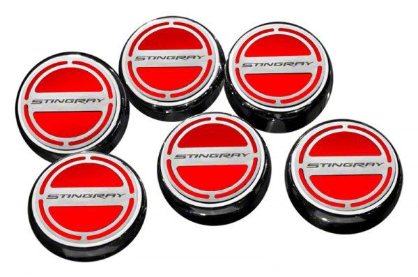 Corvette Stingray Script Fluid Cap Covers; Solid Bright Red (14-19 ...