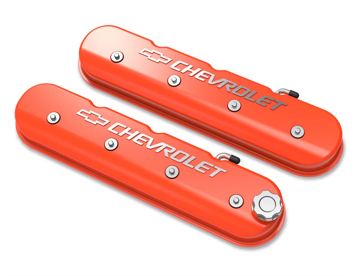 Holley Corvette Tall LS Valve Covers with Bowtie/Chevrolet Logo; Orange ...