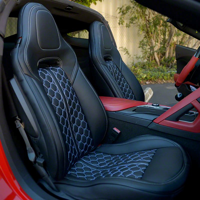 Corvette Premium Artificial Leather Seat Covers All Black with Honeycomb Accent 14 19 Corvette C7 w o Competition Seat Free Shipping