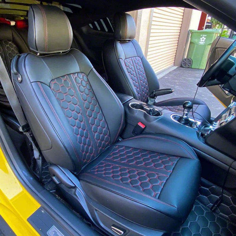 Mustang Premium Artificial Leather Front and Rear Seat Covers All Black with Red Stitching Honeycomb Accent 15 23 Mustang Convertible Free Shipping