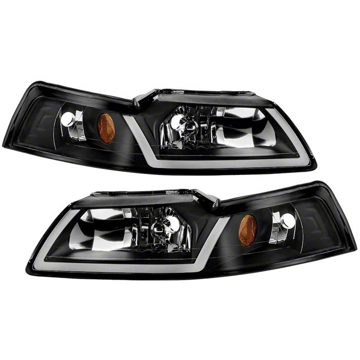 Mustang Crystal Headlights with LED Light Bar; Black Housing; Clear ...