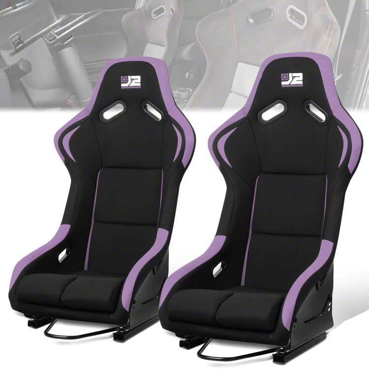 Mustang Fabric Racing Bucket Seats with Seat Sliders; Black/Purple ...