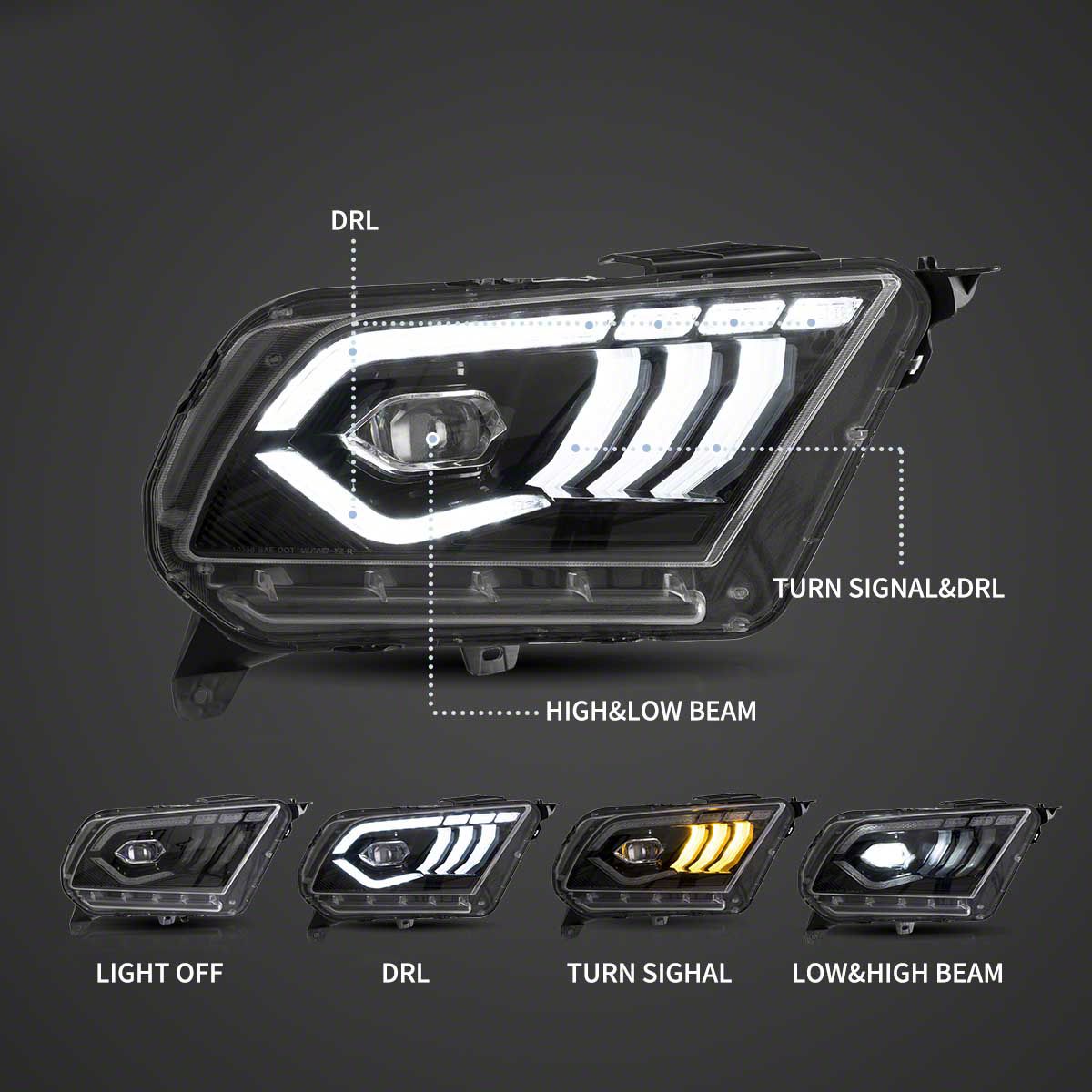 Mustang LED Dual Beam Projector Headlights; Black Housing; Clear Lens ...