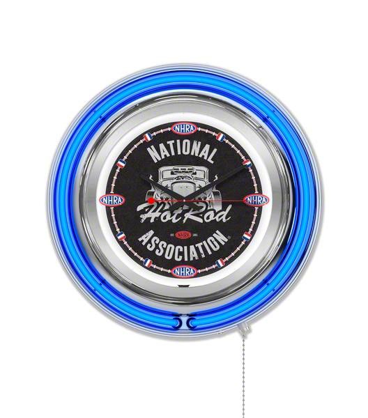 Mustang NHRA Hot Rod Double Neon 15-Inch Clock; Blue Neon - Free Shipping