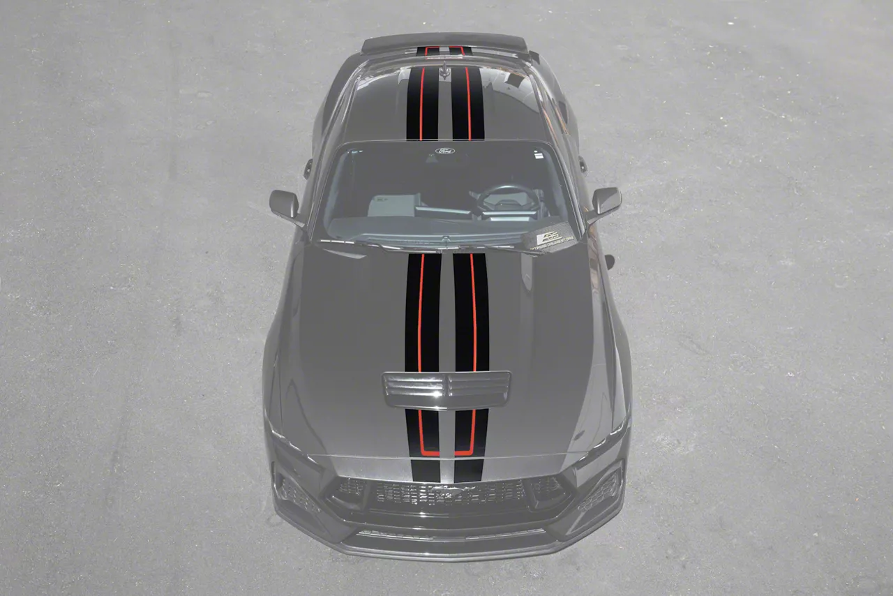 Mustang Rally Redline Package Top Racing Stripes; Matte Black with Red ...