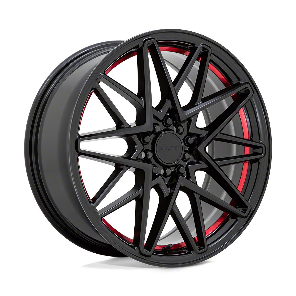 RUFF Mustang Clutch Gloss Black with Machined Red Inner Lip Wheel; 18x8 ...