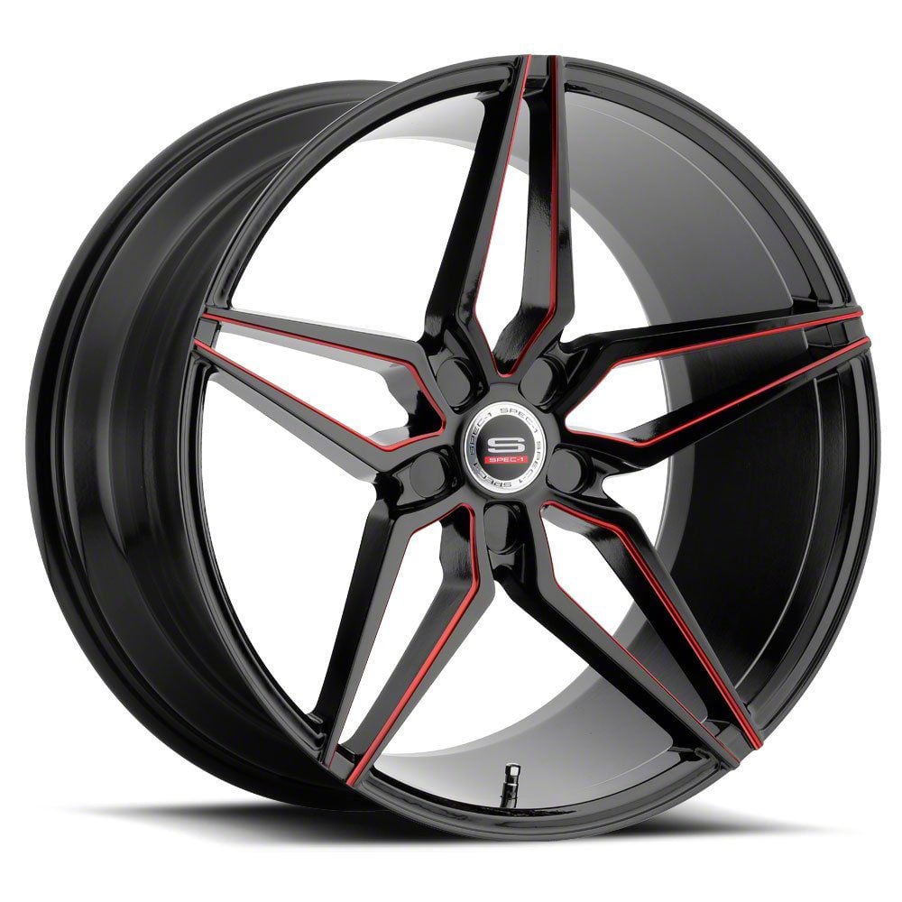 Spec-1 Mustang SPM-81 Gloss Black and Red Machined Wheel; Rear Only ...