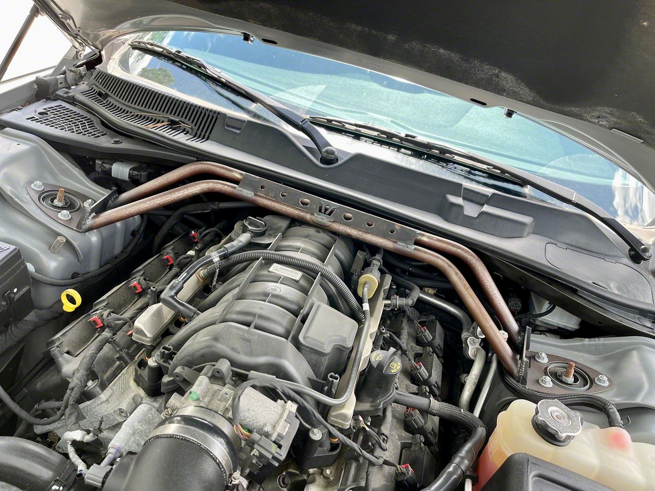 Challenger 2-Point Front Strut Brace; Black Wrinkle (09-23 5.7L HEMI, 6 ...