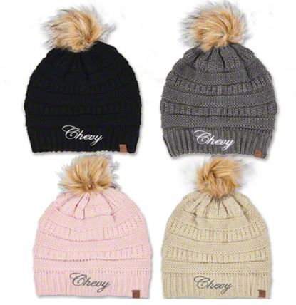 Universal AM Women's Chevy Script Knit Beanie with Pom; Pink - Free ...