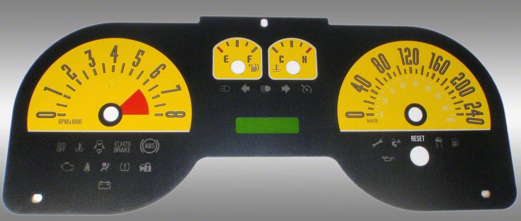 US Speedo Mustang Daytona Edition Gauge Face; KMH; 4-Gauges Yellow MUS0843K (05-09 Mustang GT ...